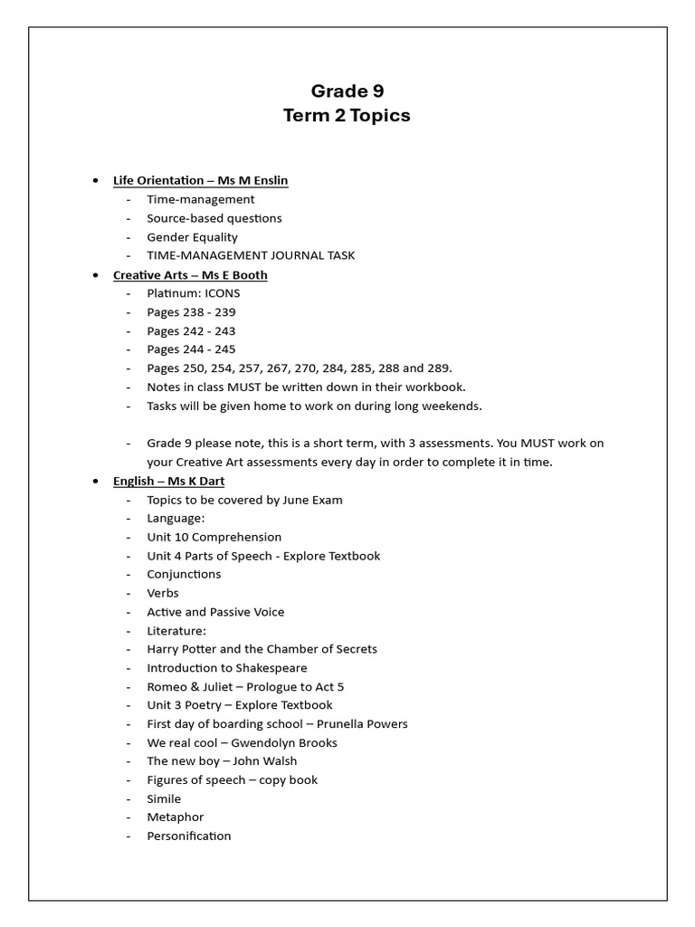 Grade 9 Term 2 Curriculum Overview | PDF
