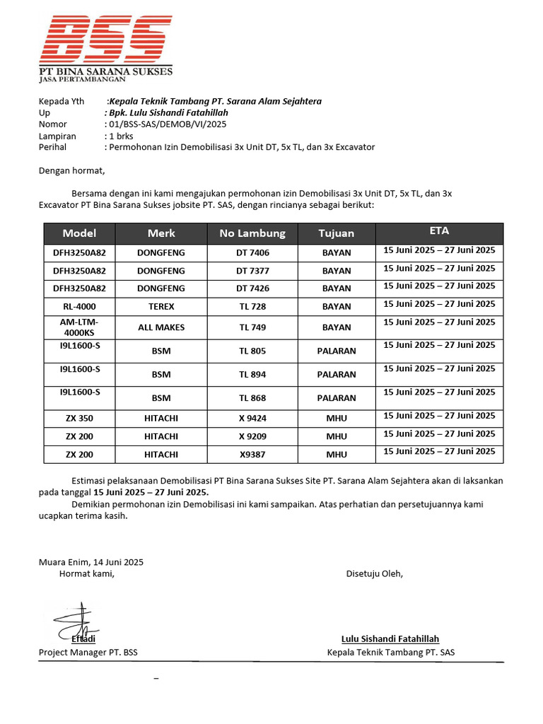Permohonan Izin Demobilisasi Alat Berat | PDF