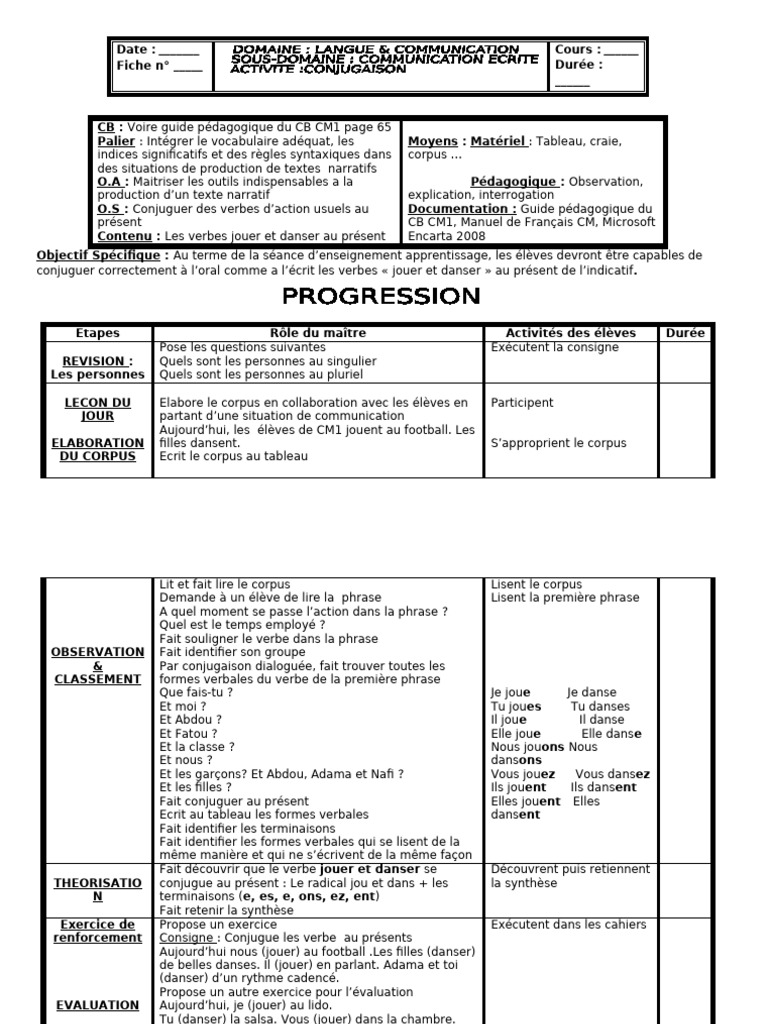 Conjugaison des verbes "jouer" et "danser" | PDF | Phrase | Verbe
