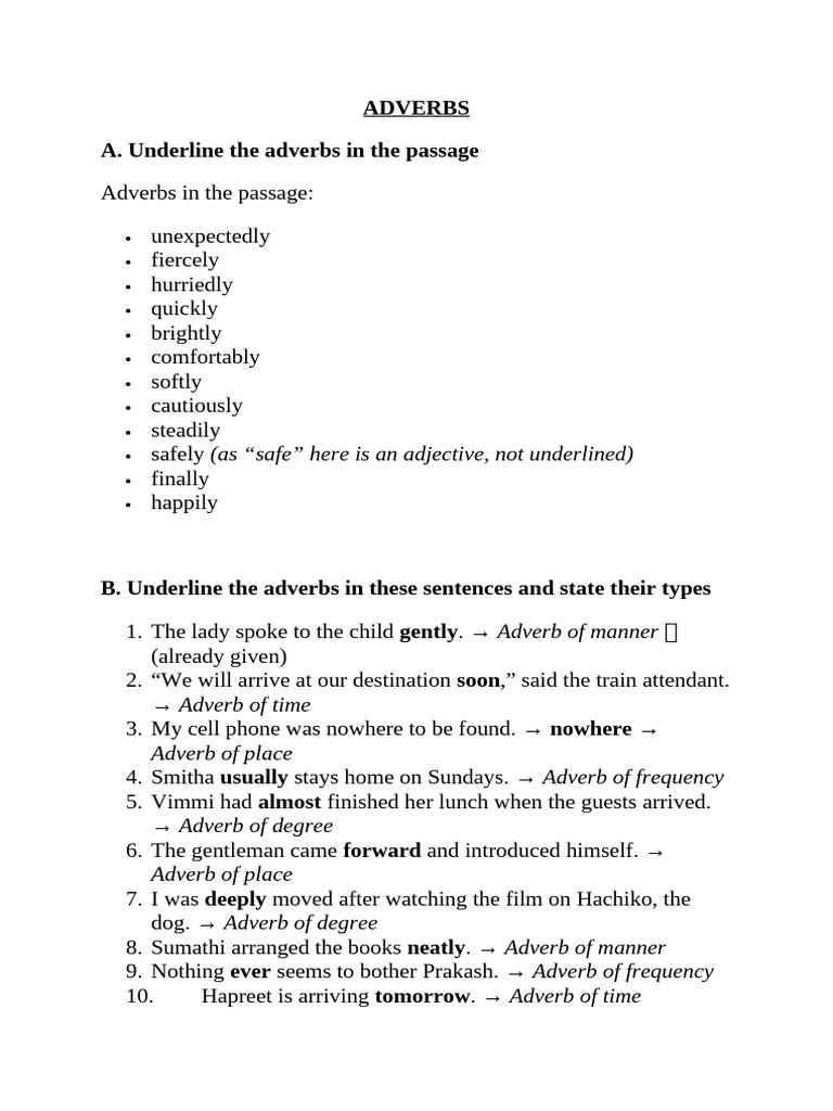Class 7 Adverbs Solutions | PDF | Adverb | Linguistics