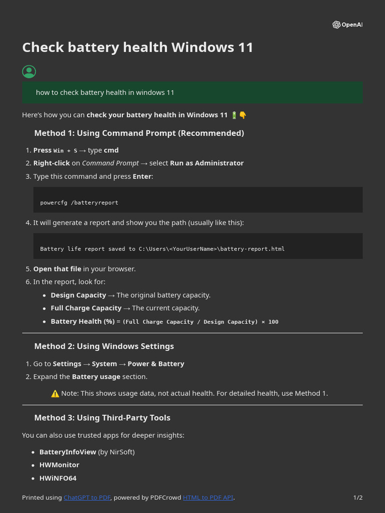 Check Battery Health in Windows 11 | PDF