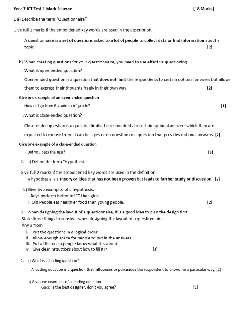 Year 7 ICT Test 1 Mark Scheme Guide | PDF | Question | Questionnaire