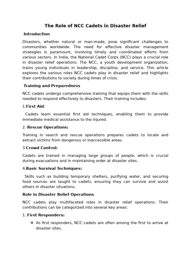 NCC Cadets' Role in Disaster Relief | PDF | Emergency Management ...