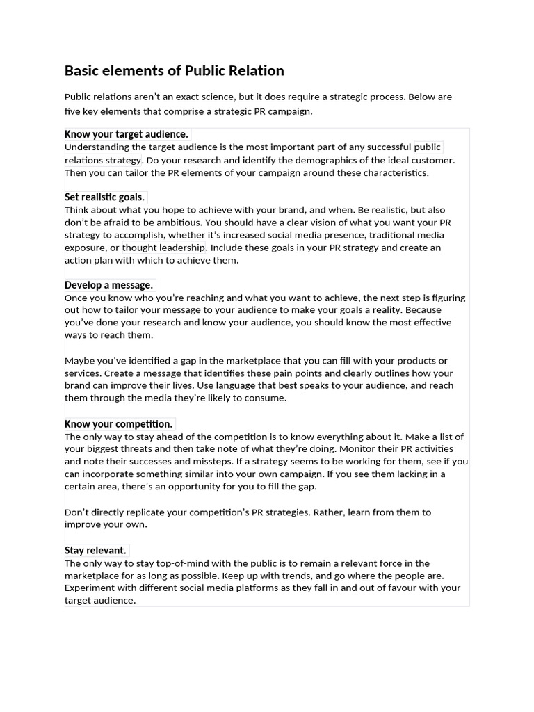 Key Elements of Public Relations | PDF | Target Audience | Brand