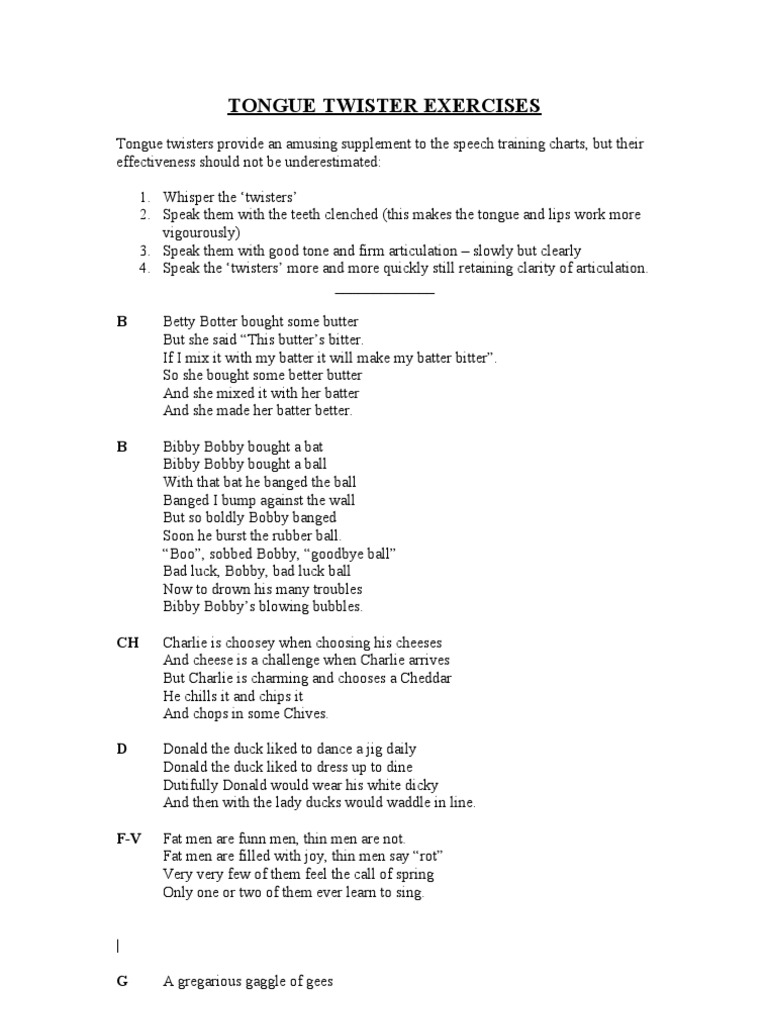 Tongue Twister Exercises | PDF | Foods | Nature