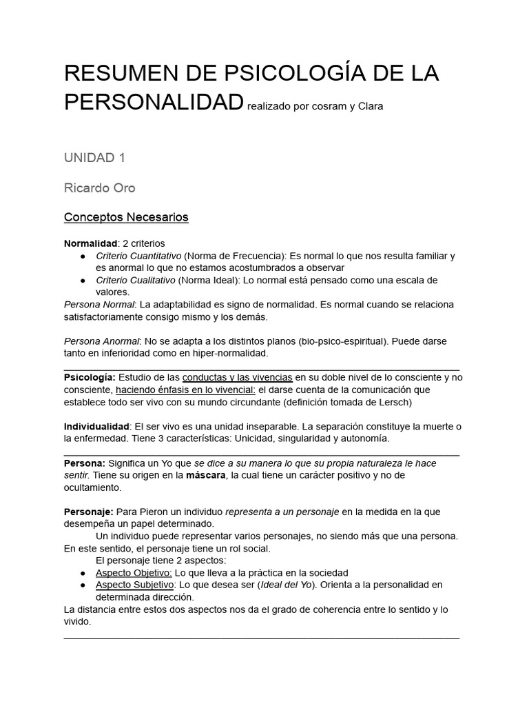 Resumen de Ps. de La Personalidad 2024 - Cosram y Clara | PDF | Psique ...