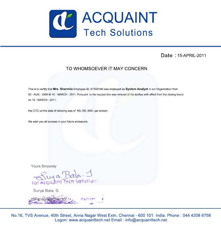 Employment Certificate for Mrs. Sharmila | PDF | Career & Growth | Business