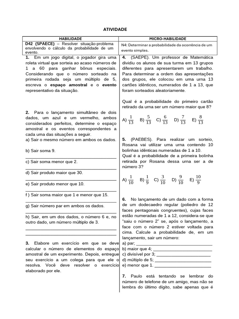 TD - D42 Spaece - Probabilidade | PDF | Probabilidade