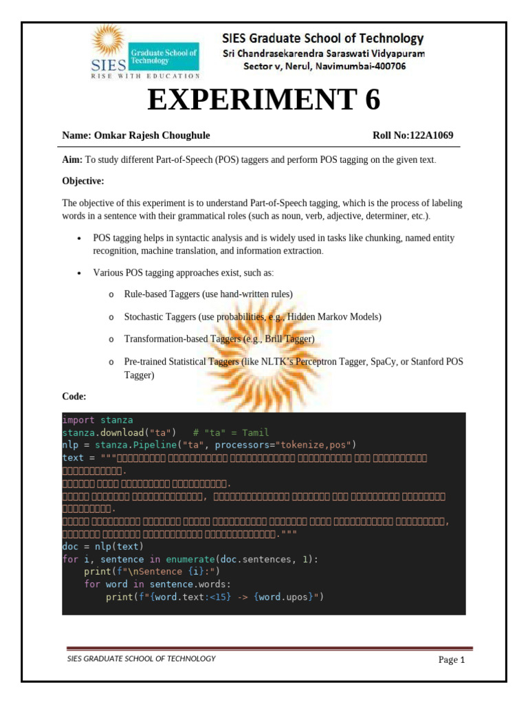 Experiment 6 122A1069 | PDF | Part Of Speech | Linguistics