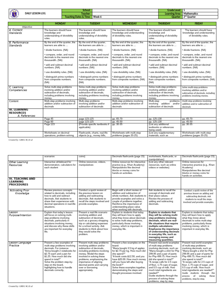 Mathematics 5 Q2 Week 6 | PDF | Learning | Subtraction