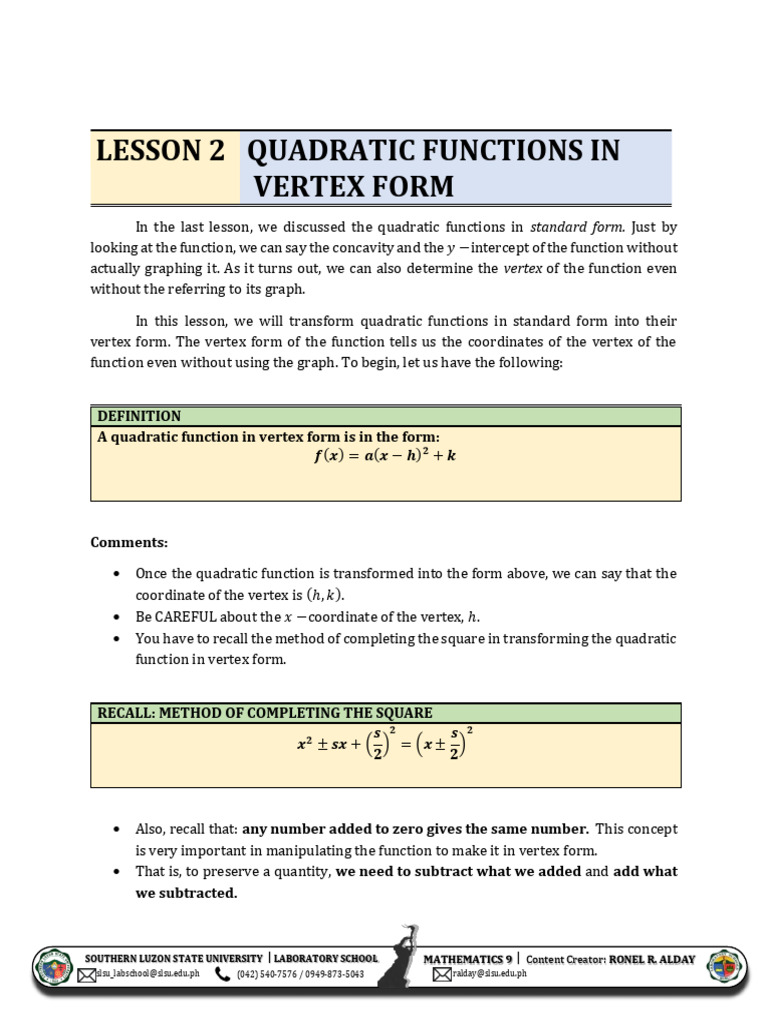 Transforming Quadratic Functions | PDF | Factorization | Function ...