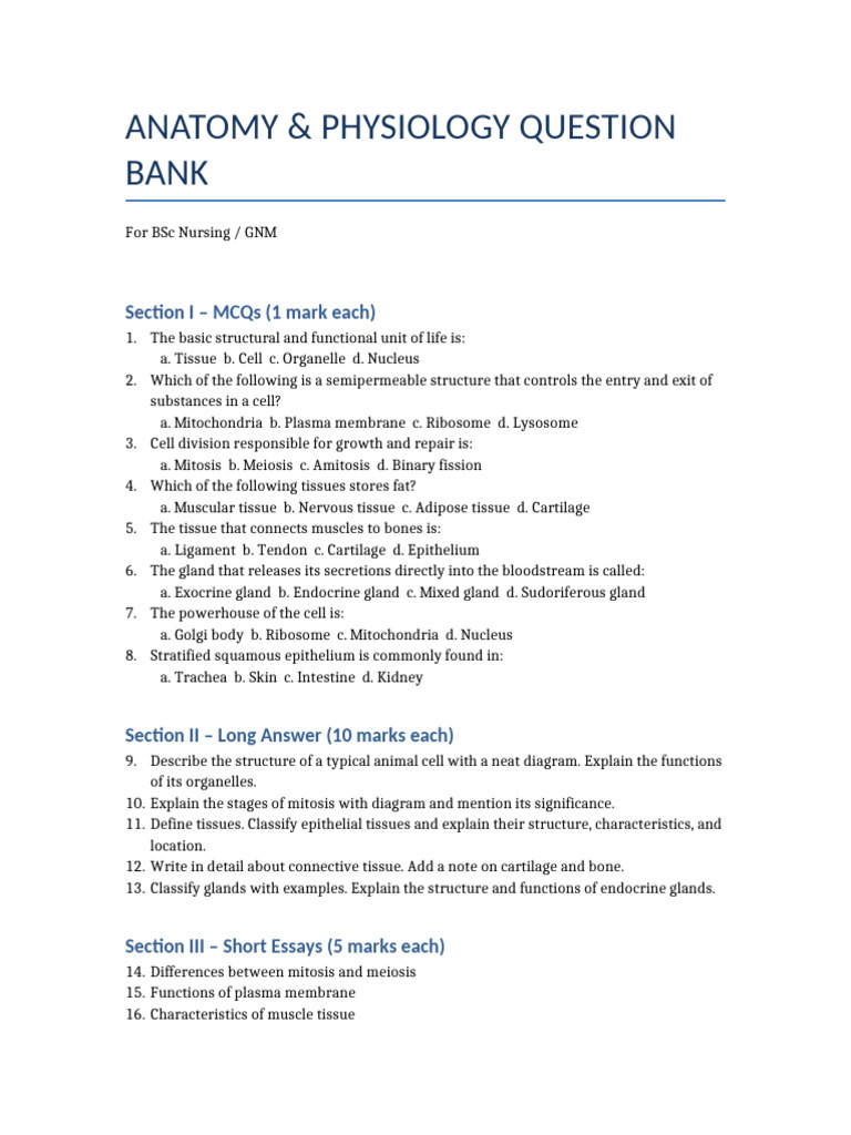 Anatomy & Physiology MCQ Question Bank | PDF