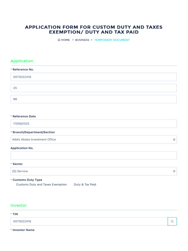 Application Form For Custom Duty and Taxes Exemption Duty and Tax Paid ...