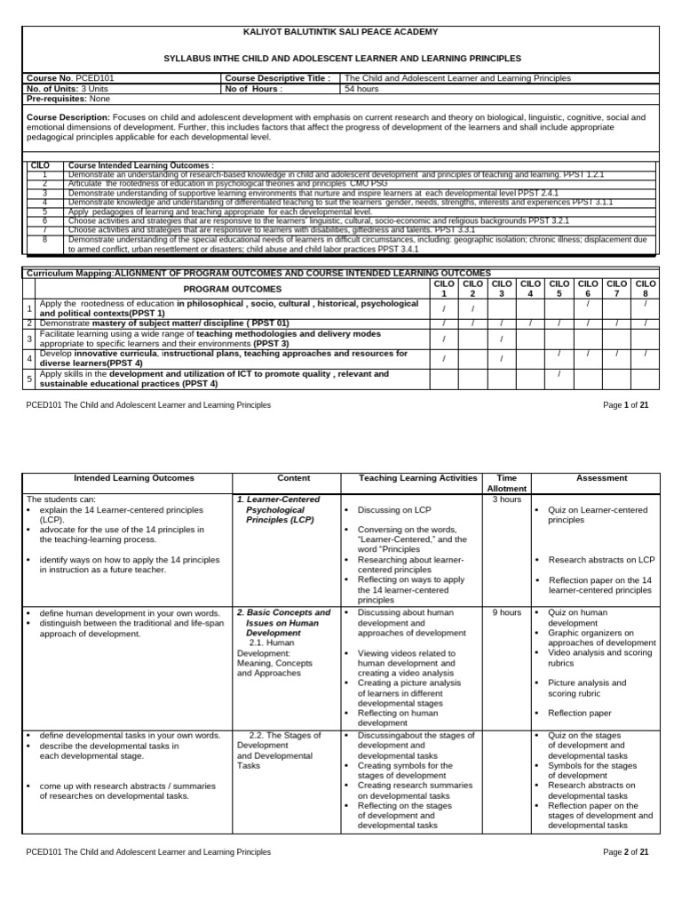 Syllabuls in Child and Adolescent | PDF | Learning | Cognitive Development