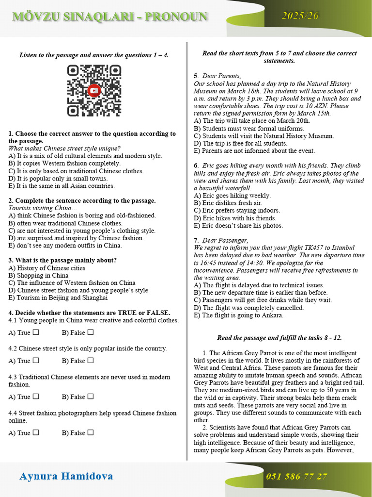Pronoun - Movzu Sinaqlari 2025-2026 | PDF | Parrot | Birds