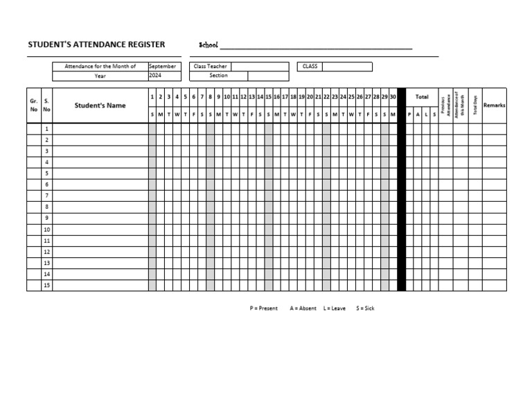 Monthly Student Attendance Register | PDF
