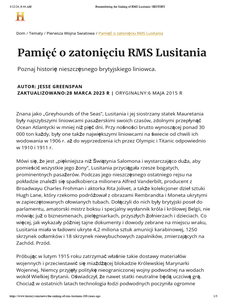 Remembering the Sinking of RMS Lusitania _ HISTORY | PDF