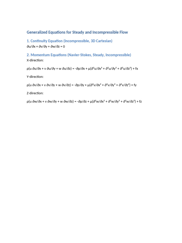 Steady Incompressible Flow Equations | PDF
