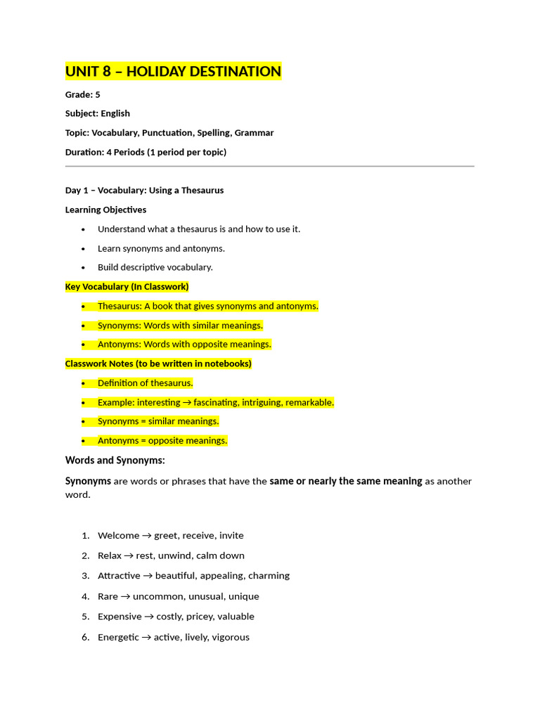 Year 5 Unit 8 Holiday Destination Lesson Plan | PDF | Pronoun | Word