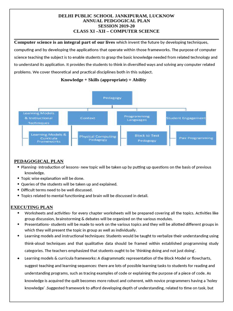 Comp Sci Pedagogical Plan XI XII | PDF | Computer Programming | Learning