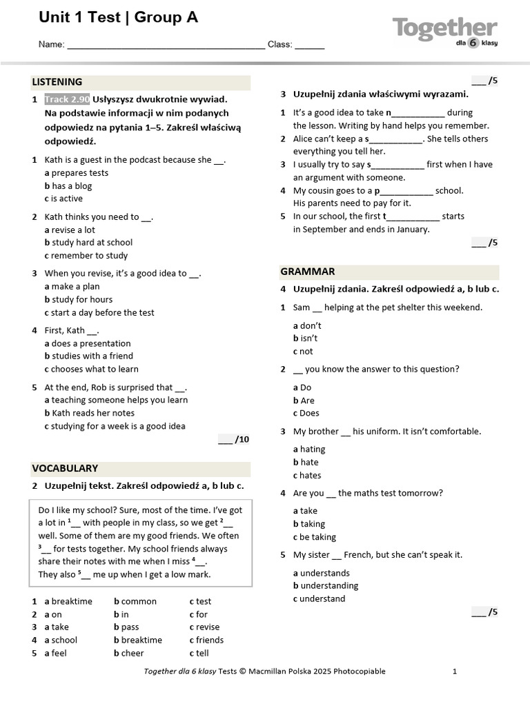 Unit 1 Test A for Class 6 Together | PDF | Fashion | Clothing