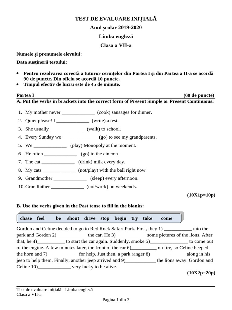 Evaluare Initiala - LB Engleza - CL A VII-A - Test | PDF | Linguistics