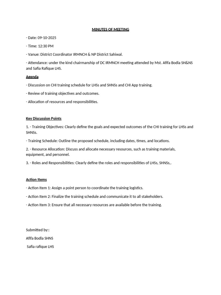 CHI Training Meeting Minutes Sahiwal | PDF
