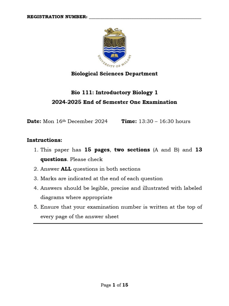 Bio 111 Introductory Biology Exam 2024 | PDF | Plants | Biology
