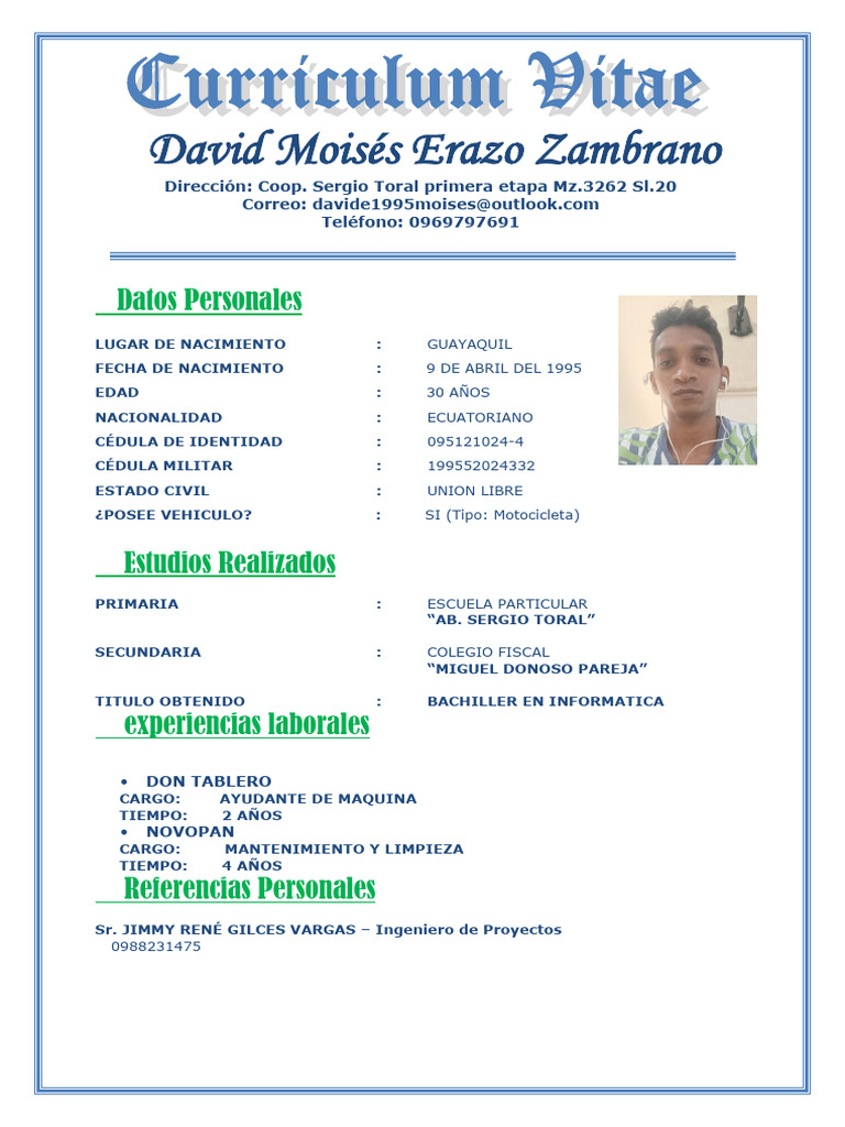 CURRICULUM David Moisés Erazo Zambrano | PDF