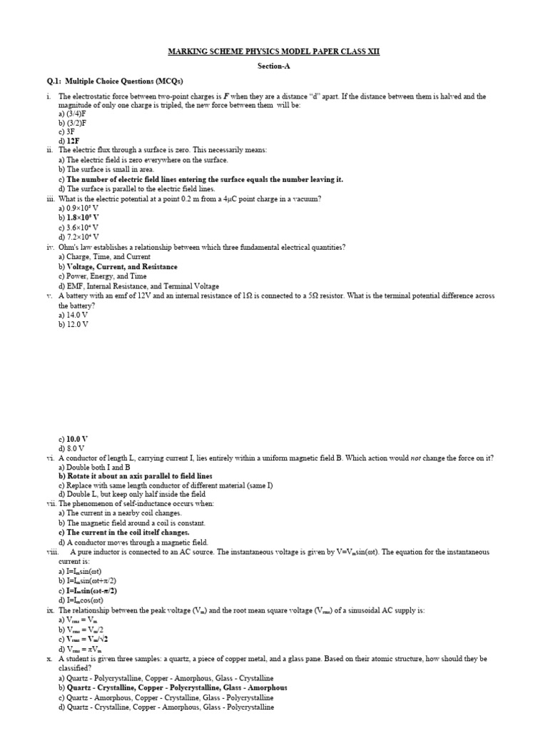 Physics Grade 12 Model Paper Marking Scheme | PDF | Electrical ...