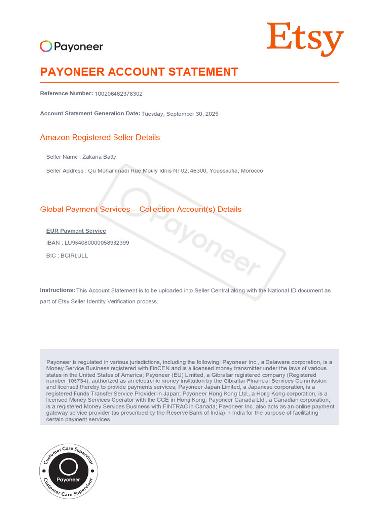 Payoneer Statment Batty Sep 25 Hamyd | PDF