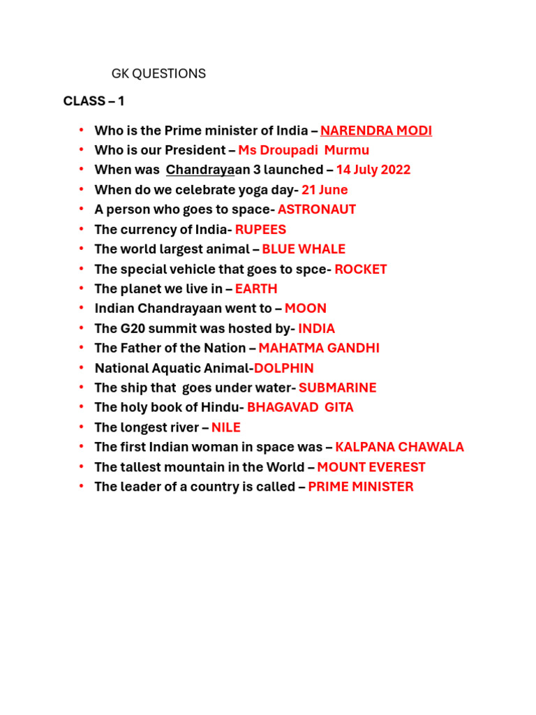 GK Questions for Class 1 | PDF
