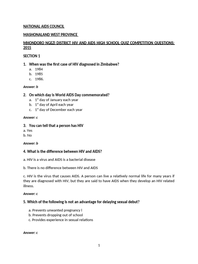 2015 District HIV and AIDS High School Quiz Questions | PDF ...
