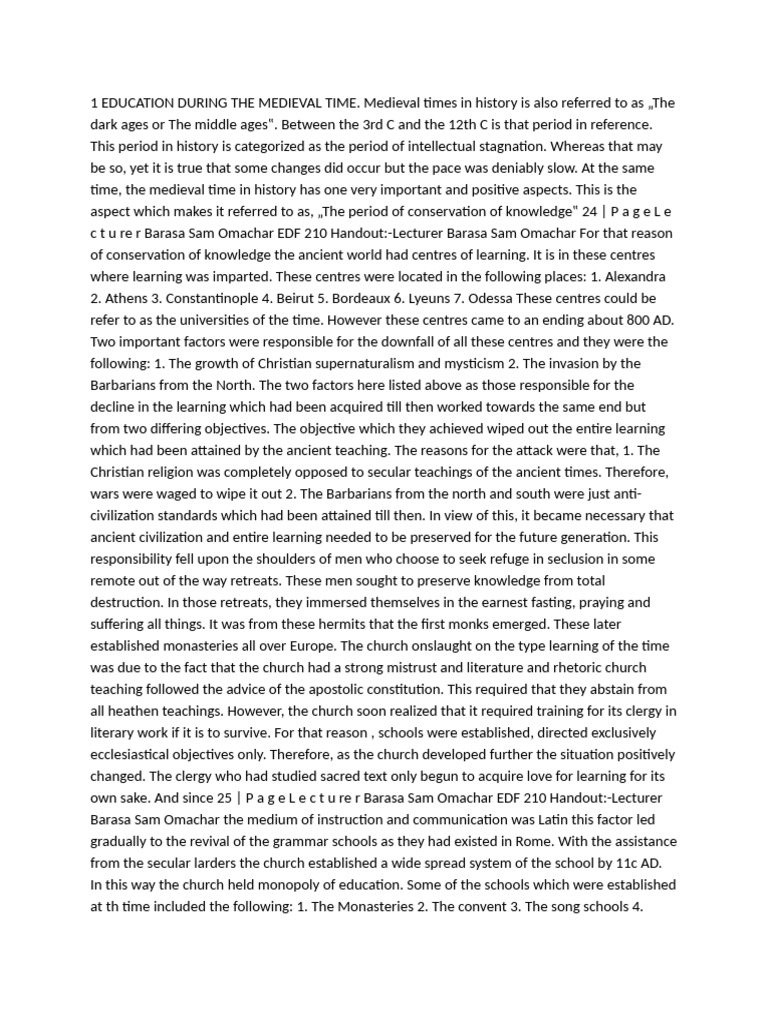 1 EDUCATION DURING THE MEDIEVAL TIME Notes1 | PDF | Monastery | Schools
