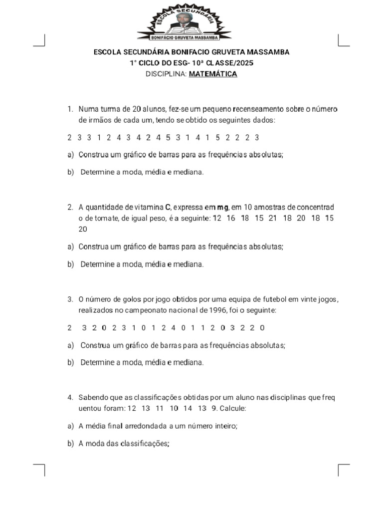 Terceira Ficha de Exercicios de Matematica 10 Classe - Phoenix | PDF