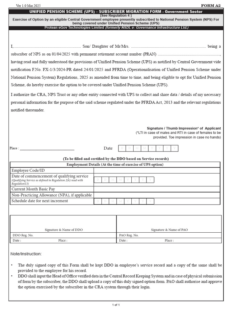 NPS to UPS Migration Form A2 | PDF | Pension | Retirement