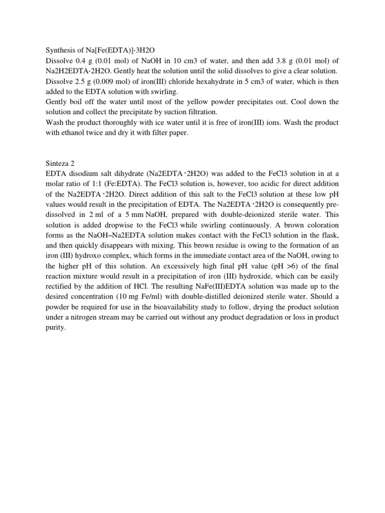 Synthesis of Na (Fe (EDTA) ) ×3H2O | PDF | Ethylenediaminetetraacetic ...