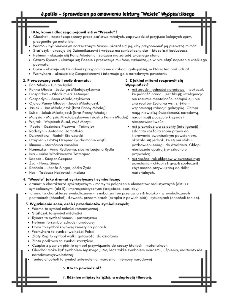 J.polski - Sprawdzian Po Omówieniu Lektury "Wesele" Wyspiańskiego | PDF