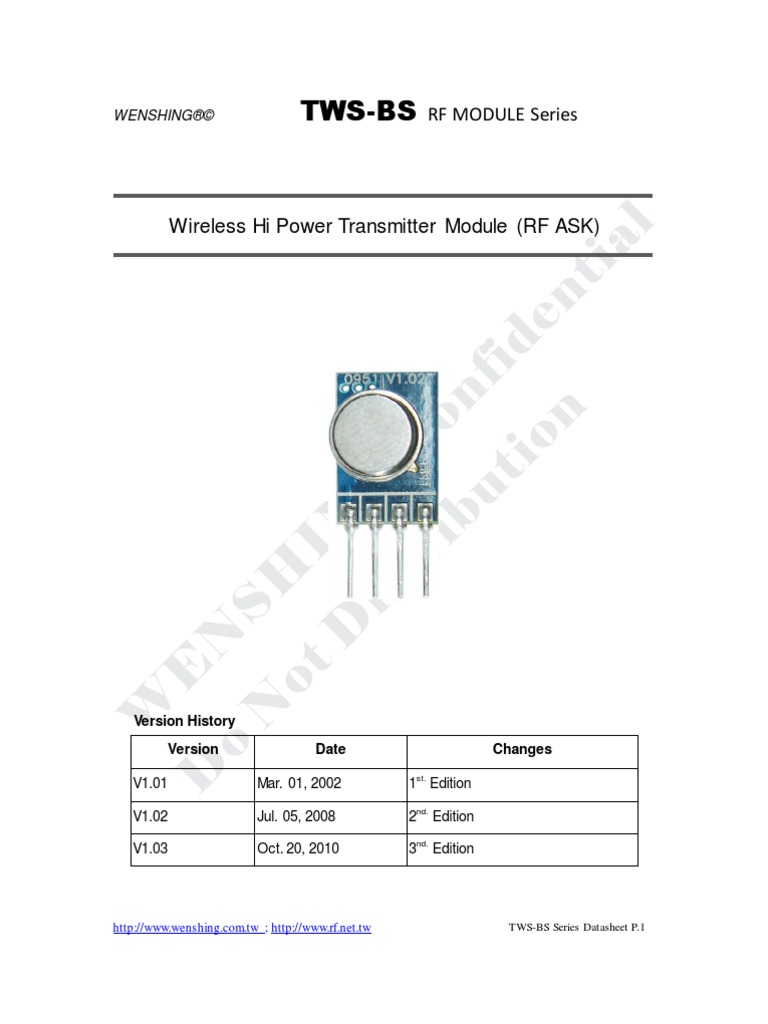 TWS-BS-3 433.92MHz ASK RF Transmitter Module Data Sheet | PDF