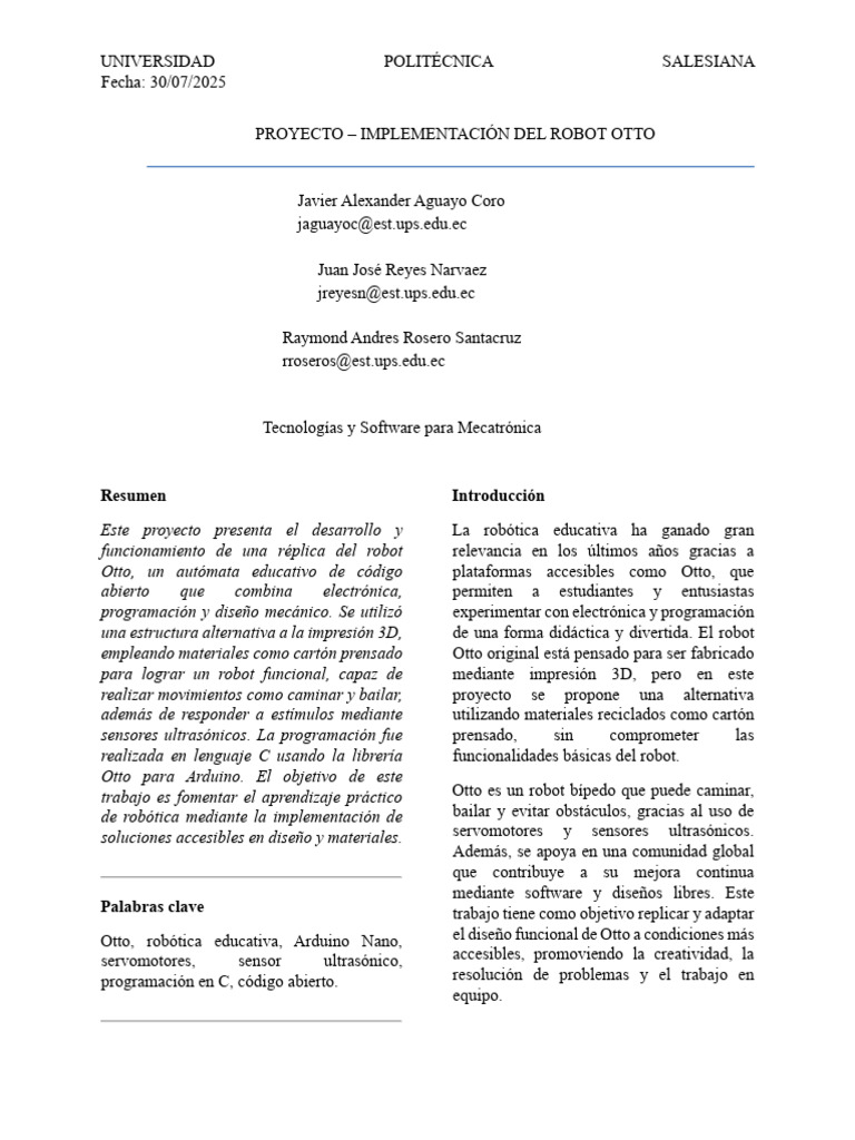 Informe Proyecto Otto | PDF | Arduino | Robot