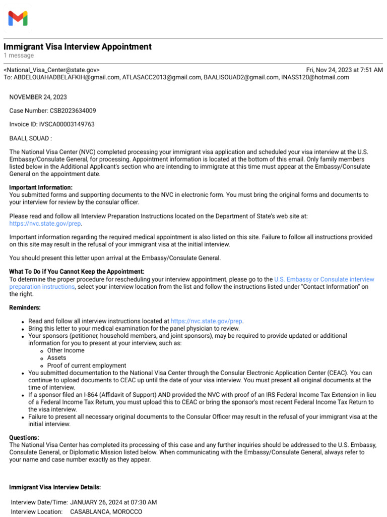 Gmail - Immigrant Visa Interview Appointment | PDF | Travel Visa ...