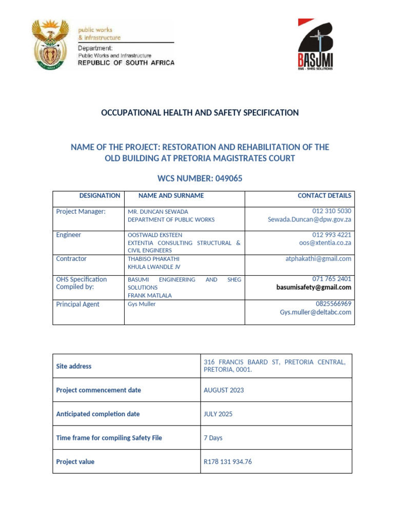 Health and Safety Specification - Old Pretoria Magistrate | PDF | Occupational Safety And Health ...