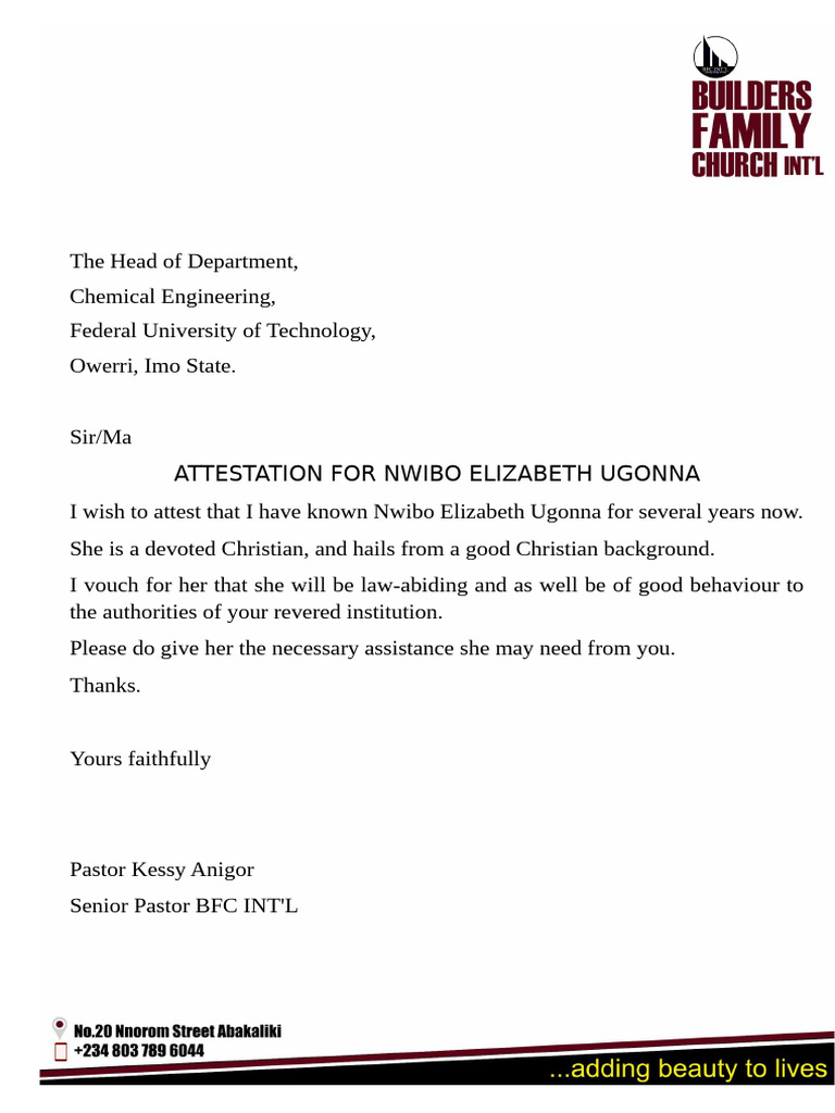 Attestation Letter for Nwibo Elizabeth Ugonna | PDF