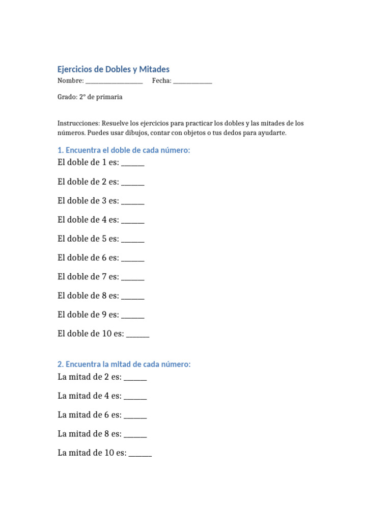 Ejercicios de Dobles y Mitades 2° grado | PDF