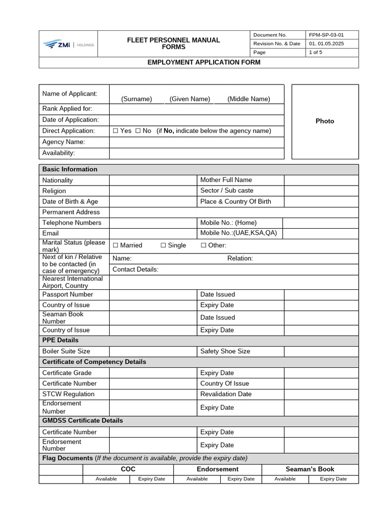 FPM-SP-03-01 Employment Application Form | PDF | Watercraft | Water ...