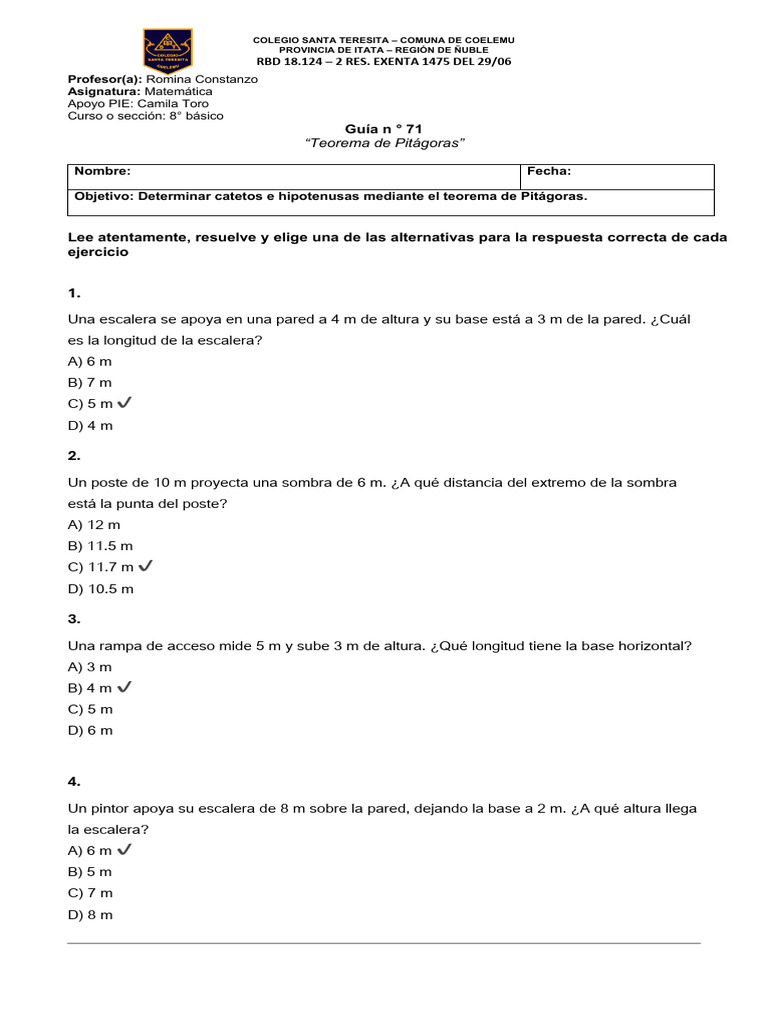 Ejercicios Teorema de Pitágoras 8° Básico | PDF