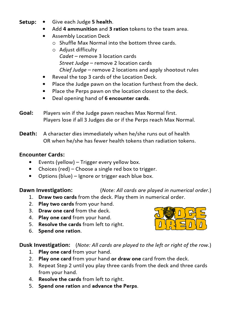 Judge Dredd - The Cursed Earth - Solo Rules Summary (6 X 8.5) | PDF | Card Games | Games Of Chance