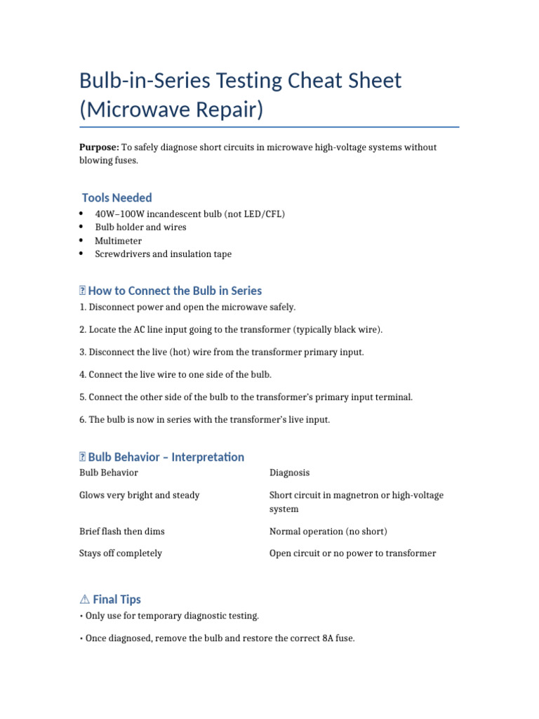 Bulb in Series Testing Cheat Sheet | PDF