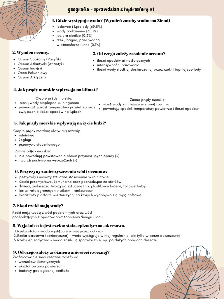 Geografia - Sprawdzian Z Hydrosfery #1 | PDF