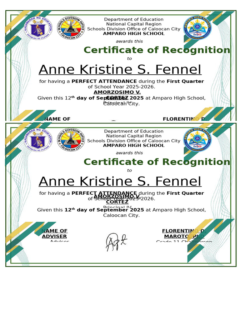 Perfect Attendance Certificate 2025-2026 | PDF
